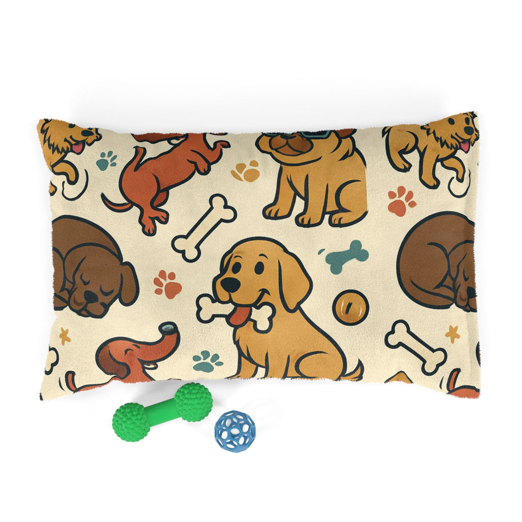 Cute Cartoon Dogs Pet Bed — Plush Pillow with Bones & Toys Pattern ...